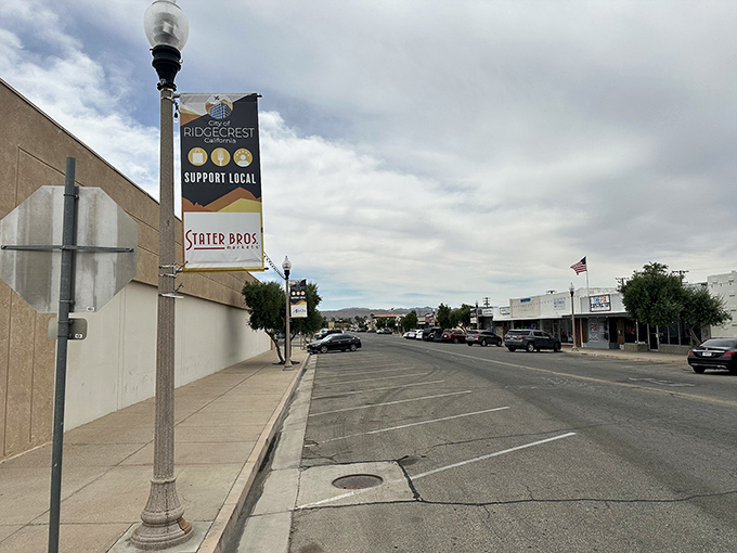 Downtown Ridgecrest welcomes you with its "Support Local" banner – small-town charm with big desert skies overhead.