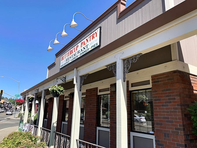 The charming brick facade of Buttercup Pantry stands as a beacon of breakfast hope on Placerville's historic Main Street. Come hungry, leave happy.
