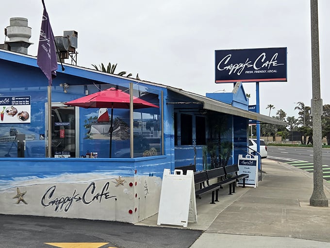 The unmistakable blue beacon of Cappy's Café stands out against the California sky, promising breakfast salvation to hungry Newport Beach locals and visitors alike.