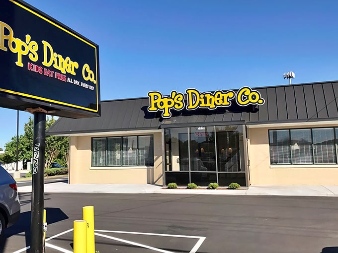 The bright yellow sign of Pop's Diner Co. stands out like a beacon of breakfast hope against Virginia Beach's blue sky. Kids eat free? That's music to any parent's wallet.