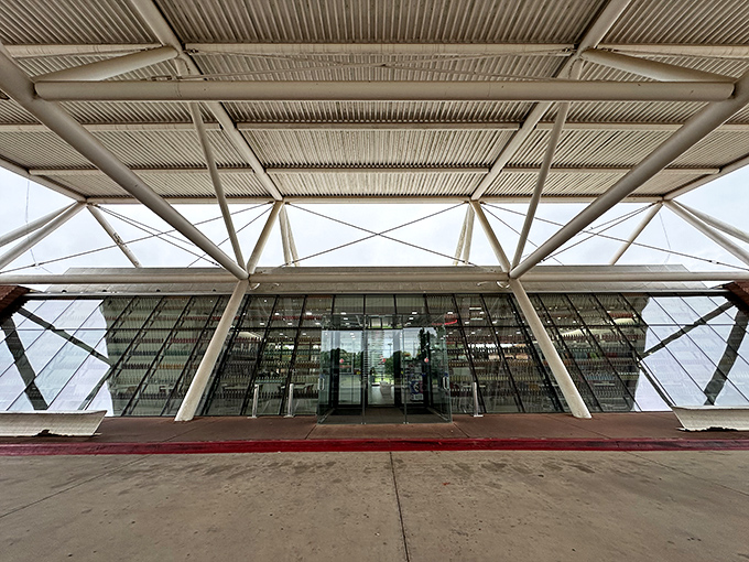 Step into the future of nostalgia with POPS' dramatic entrance, where angular steel and glass welcome hungry travelers with a promise of Route 66 reimagined.