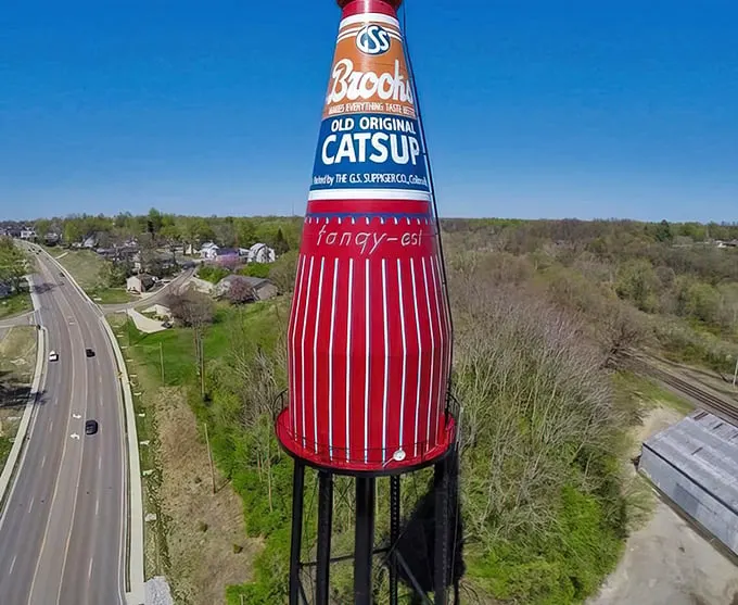 The Brooks Catsup Bottle stands tall against the Illinois sky, a 170-foot testament to America's love affair with quirky roadside attractions.