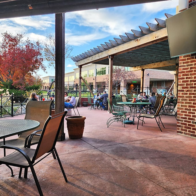 Charlie's outdoor patio offers the perfect autumn backdrop for enjoying seafood treasures while Nebraska's fall colors enhance the lakeside dining experience.