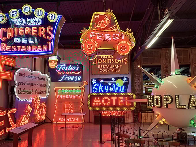 A neon wonderland where Howard Johnson's, Sky-Vu Motel, and Brown Caterers compete for your attention like Times Square in miniature.