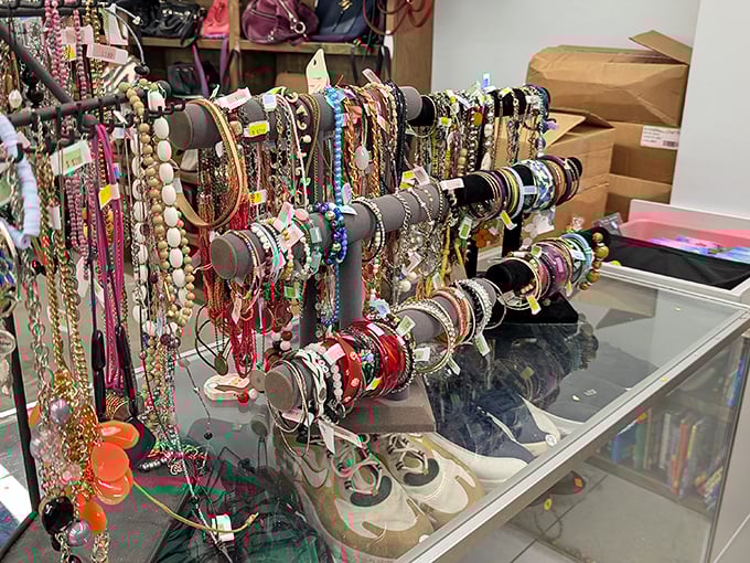 Jewelry displays that require patience and a good eye. Untangling these treasures is half the fun—the bargain price is just a bonus!