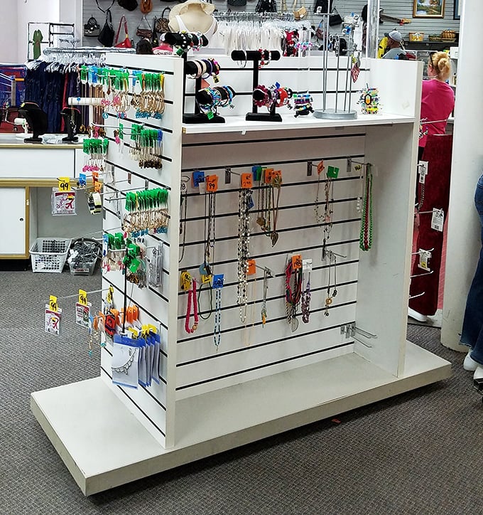 The jewelry display offers instant glamour for pocket change—proving that diamonds aren't the only things that sparkle.