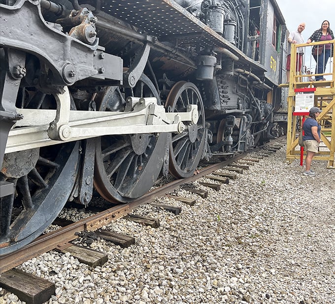 Engineering marvels up close: the massive driving wheels that once propelled these iron horses across the American landscape.