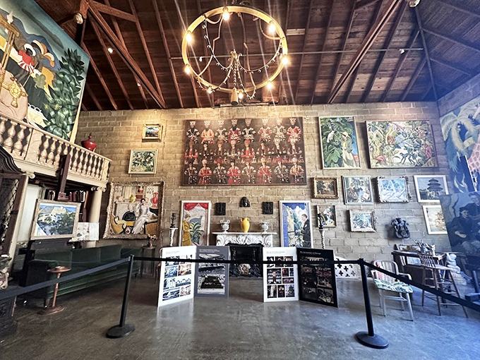 The great hall showcases an eclectic art collection that would make any museum curator simultaneously jealous and slightly confused.