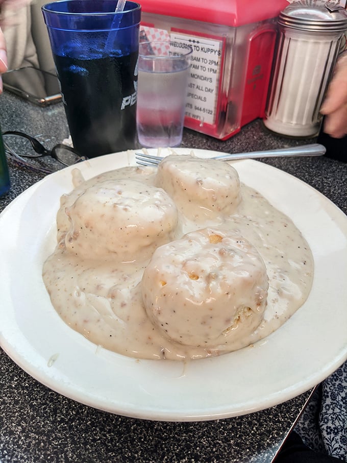 Biscuits and gravy—the breakfast that hugs you from the inside. Kuppy's version is the comfort food equivalent of finding money in an old jacket pocket.