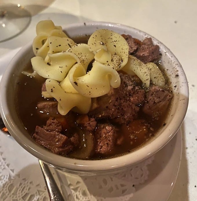 Beef and noodles swimming in rich gravy – like your grandmother's recipe if she had professional kitchen equipment.