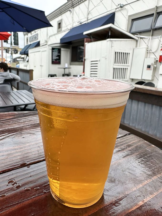 A cold beer waiting patiently to accompany burger perfection – some partnerships were simply meant to be.