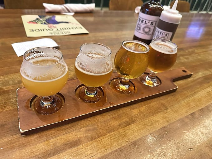A flight of local brews lined up like liquid cheerleaders, ready to root for your taste buds' victory.