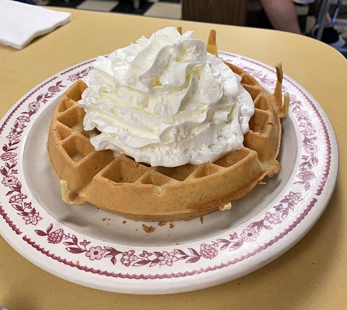 The Belgian waffle, topped with a cloud of whipped cream, sits regally on its vintage plate – breakfast royalty waiting for its maple syrup coronation.