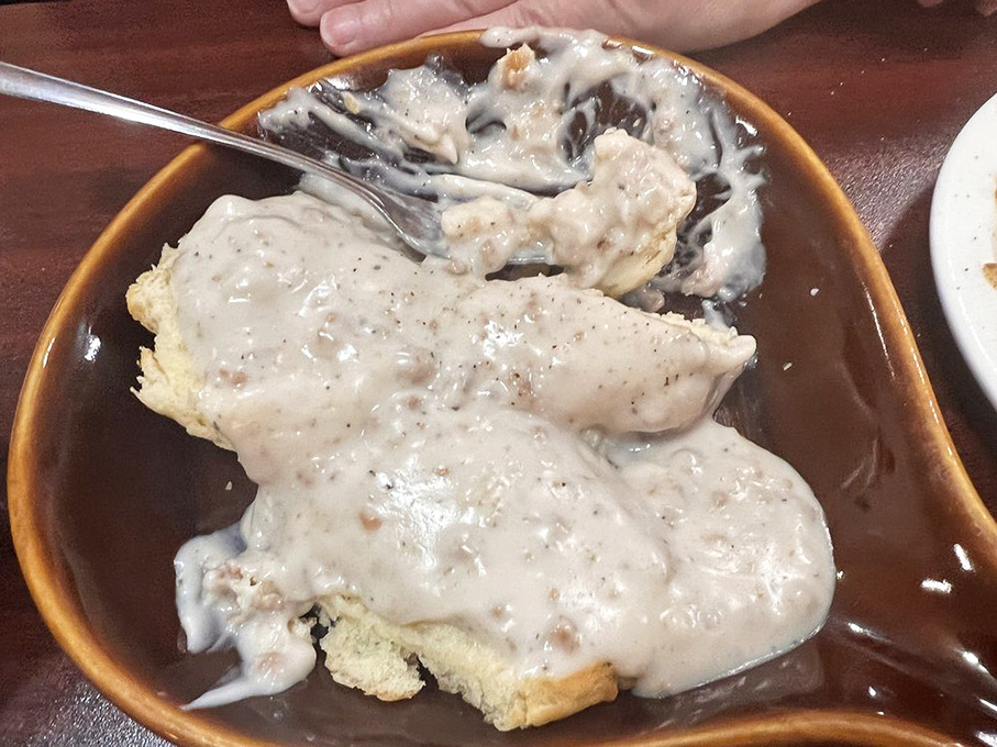 Biscuits swimming in gravy—not so much a breakfast as an edible hug from the Midwest itself.