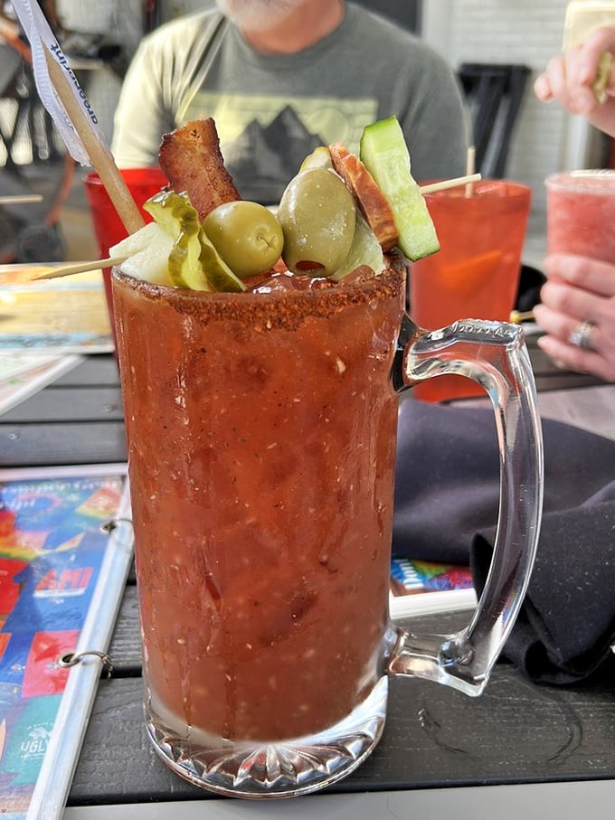 This Bloody Mary isn't just a drink—it's a meal, an experience, and possibly the best reason to delay your beach plans for another hour.