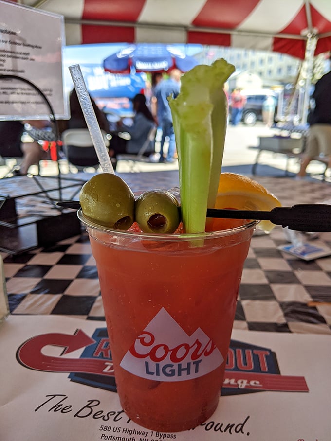 This Bloody Mary isn't just a drink—it's a meal with a cocktail permit. Those olives are just the beginning of this garnish adventure.