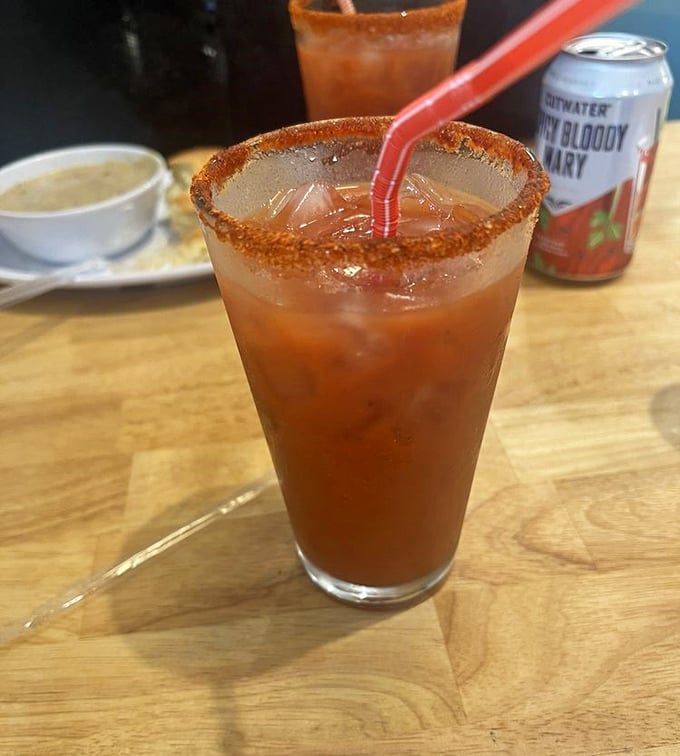A Bloody Mary with attitude. That spiced rim isn't just decoration – it's a flavor explosion waiting to complement your BBQ feast.