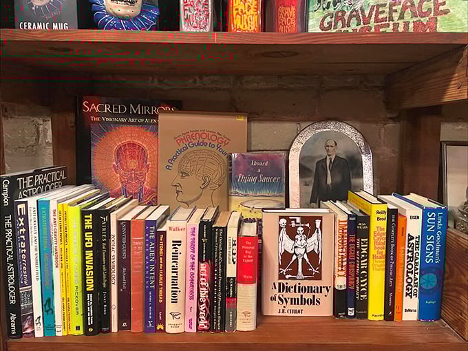 The bookshelf reveals the museum's scholarly side, with titles covering everything from the occult to UFOs. Knowledge is power, even when it's peculiar.