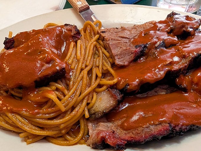 Brisket and BBQ spaghetti on one plate—like getting the best of Texas and Memphis to call a truce and throw a party.