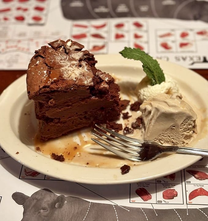 This isn't just chocolate – it's a brownie that's dense enough to have its own gravitational pull, orbited by a scoop of vanilla ice cream.