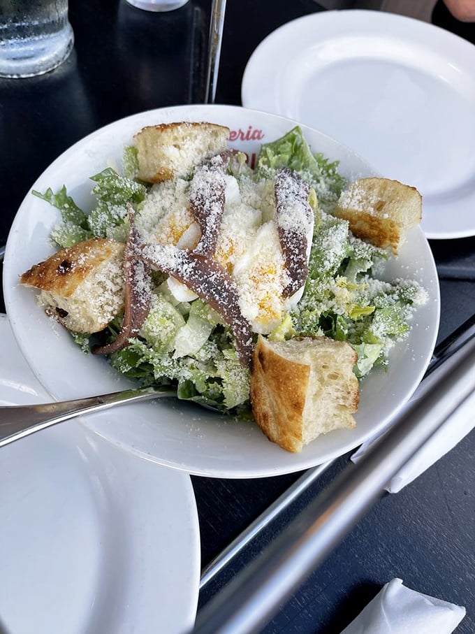 A Caesar salad that Julius himself would approve – crisp romaine, rustic croutons, and a snowfall of Parmesan. The perfect opening act.