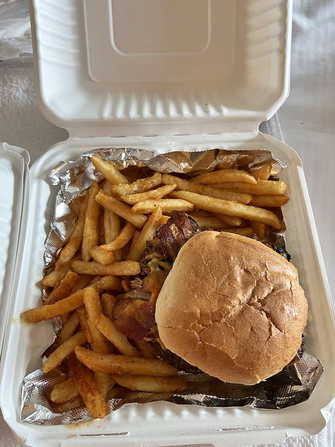 Takeout that travels well – a burger and fries that somehow maintain their dignity even when confined to a styrofoam container.