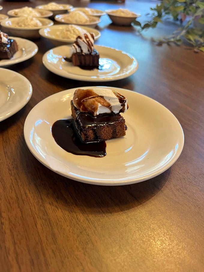 A chocolate brownie that doesn't need to show off with fancy plating—it knows exactly how good it is. That sauce is just showing off.