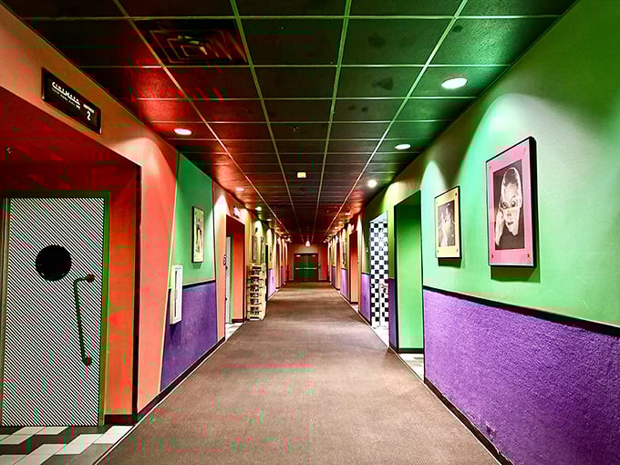 Cinemark's hallway looks like what would happen if Willy Wonka designed a movie theater—a technicolor dream tunnel leading to buttery popcorn paradise.