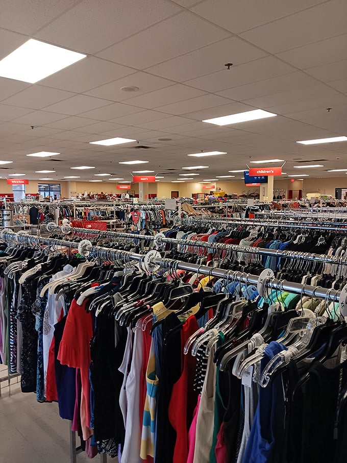 The clothing section stretches to the horizon. Somewhere in this textile sea is a designer gem priced less than your morning latte. 