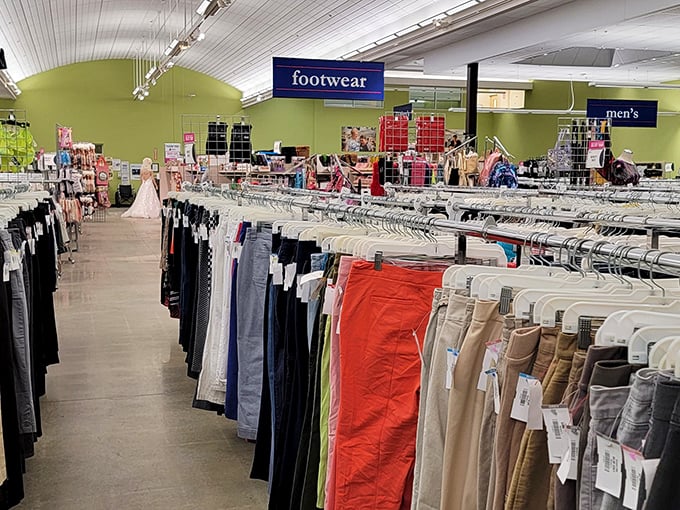 The clothing section stretches to the horizon—a textile landscape where vintage treasures hide between everyday basics, waiting for the right explorer.