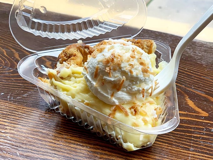 Coconut cream pie that makes you close your eyes when you taste it—creamy custard, fresh whipped cream, and those perfectly softened vanilla wafers.