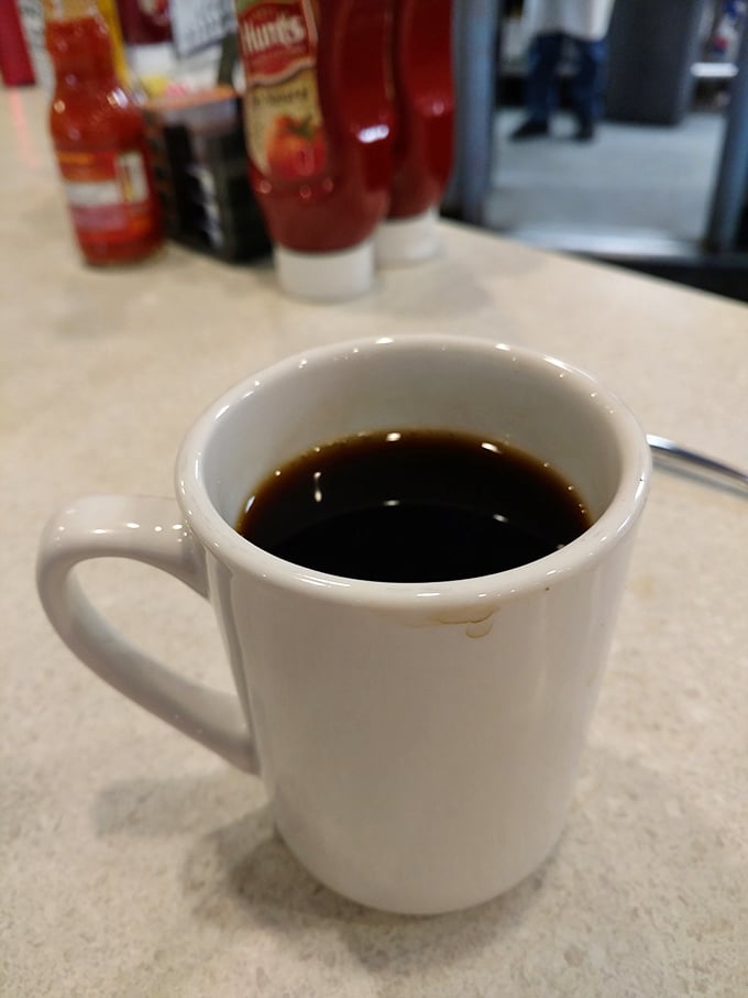 Sometimes the simplest pleasures are best—a sturdy diner mug filled with coffee that's actually good, not just hot.