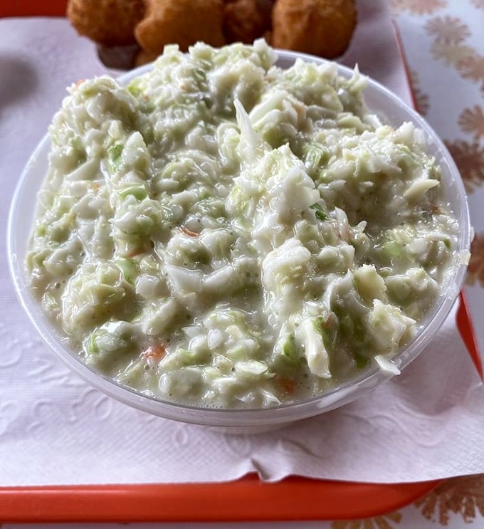 Coleslaw that actually deserves a place on your plate – fresh, crisp, and the perfect cool counterpoint to Speck's hot fried offerings.