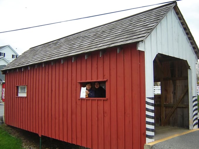 The bright red covered bridge offers a splash of color against the landscape—functional architecture that's become an enduring symbol of rural Pennsylvania.
