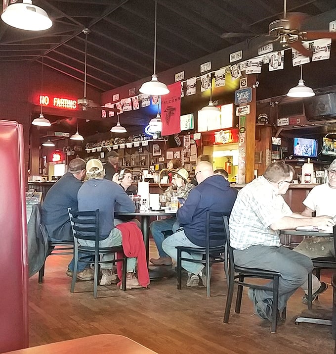 The universal language of barbecue brings folks together at the counter – notice nobody's looking at their phones, just the food.