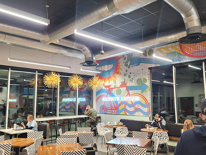 The colorful mural section offers a modern twist on diner aesthetics—proof that Angie's knows how to honor tradition while keeping things fresh.