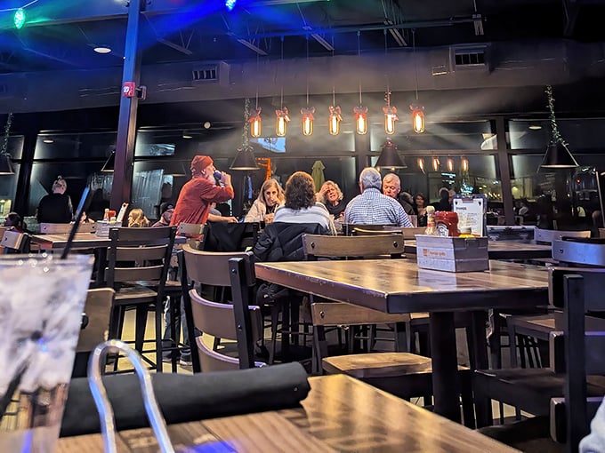 Evening at Burger Shed: where the glow of Edison bulbs meets the warm buzz of conversation and the occasional gasp of burger appreciation.
