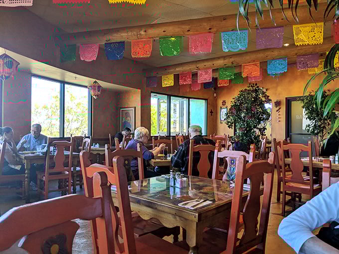 Colorful papel picado flutters overhead like permanent celebration flags, creating a fiesta atmosphere that makes Tuesday lunch feel like Saturday night.