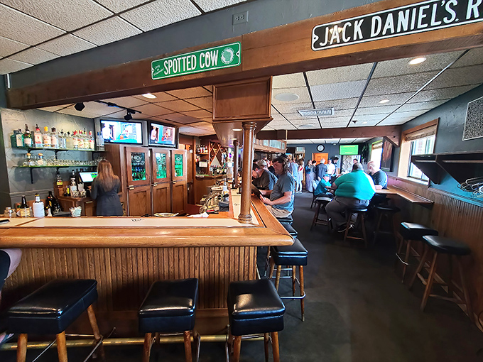 The "Spotted Cow" sign isn't just decoration—it's practically the Wisconsin state flag. This bar knows exactly what its patrons want.