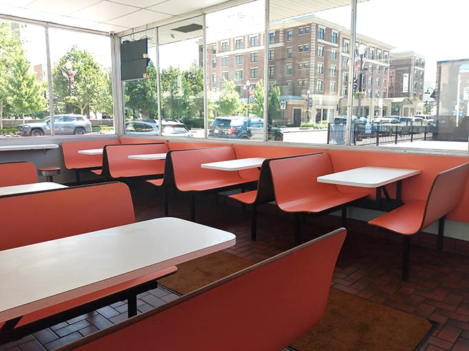 The coral-colored booths invite you to slide in and stay awhile – no one's rushing you out at this temple of comfort food.