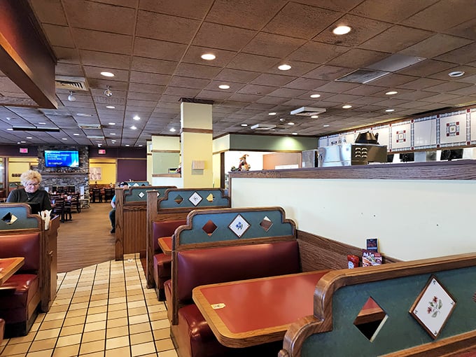 Another angle of comfort – where the booths aren't just seating, they're front-row tickets to the community theater that is small-town dining.