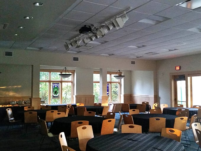 Another dining space offers a different vibe—more conference than cabin—but those windows frame forest views better than any painting could.