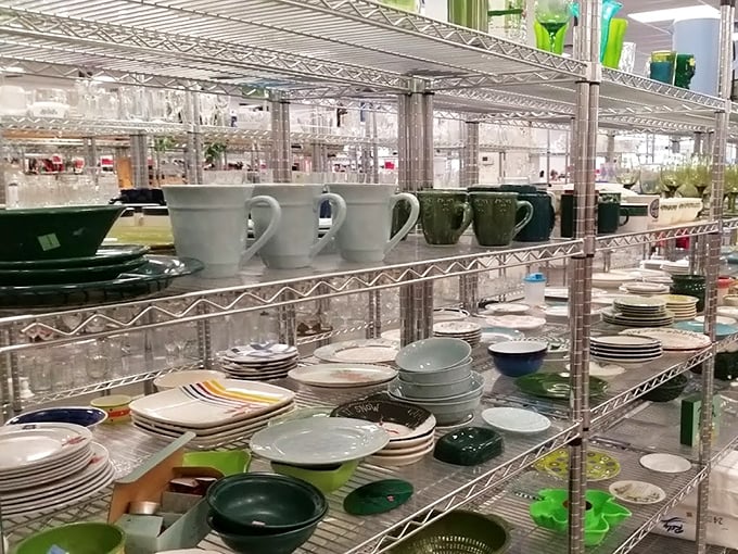 Plates, bowls, and mugs galore – mismatched in the store but destined to become "eclectic collections" in their new homes.