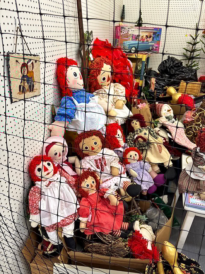 These Raggedy Ann dolls aren't just toys; they're childhood memories peering through wire mesh, waiting for someone to take them home again.