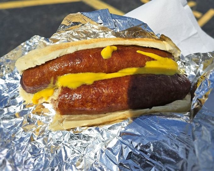 Two sausages with mustard – proof that sometimes the simplest combination creates the most profound flavor experience. Yellow mustard never had it so good.