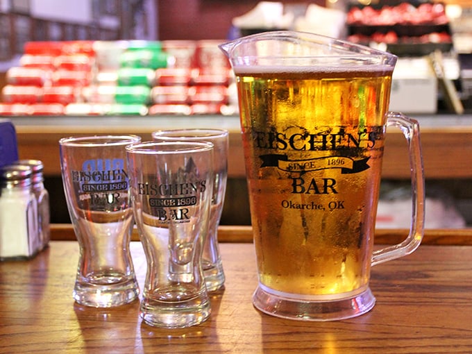 Cold beer in branded glassware – because proper hydration is important when tackling world-class fried chicken. The pitcher ensures you won't go thirsty.