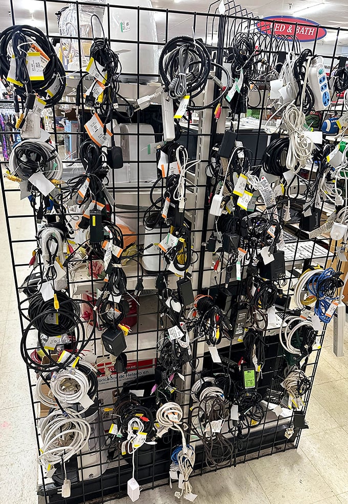 The electronic cable section resembles a technological pasta dish—a tangle of potential connections just waiting for the right device.