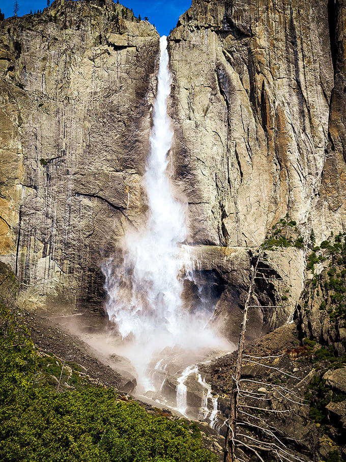 The power unleashed: Yosemite Falls in full flow creates its own weather system of mist and thunder. Nature's shower system puts your bathroom to shame.