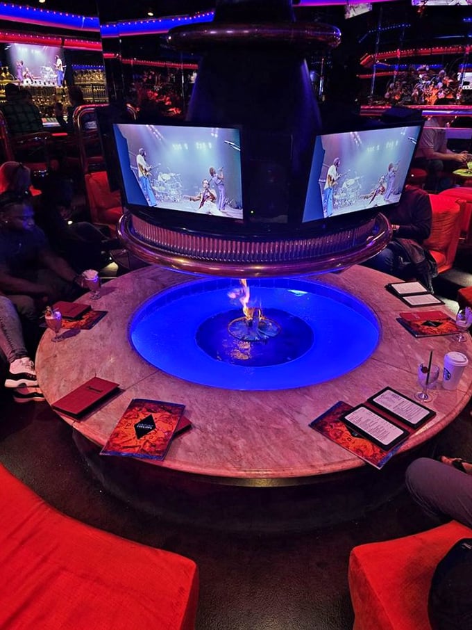 The famous Fireside Lounge feels like dining inside a lava lamp - all neon dreams and retro romance come to life.