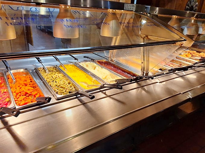 The buffet line at Gasthof—where "all you can eat" meets "all you should eat." A rainbow of homestyle dishes awaiting your plate.